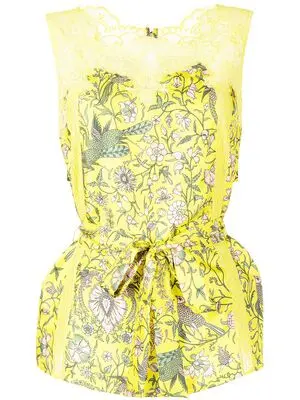 Shiatzy Chen Sleeveless Floral Print Silk Top - Yellow