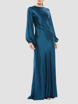 Mac Duggal Ieena Satin Sheath Gown - Sapphire