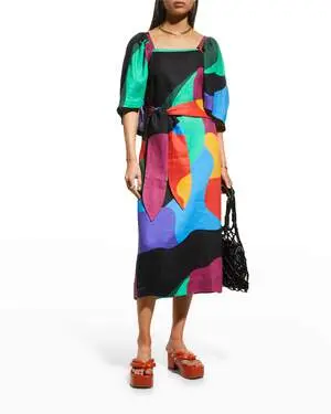 Mara Hoffman Sara Abstract Belted Midi Hemp Dress - Black Multi
