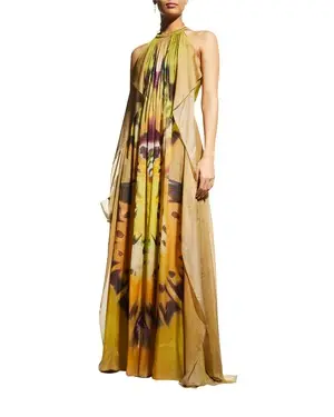 Alberta Ferretti Butterfly-print Pleated Drape Halter Gown - Fantasy Print Gre
