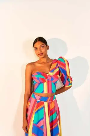 Farm Rio Bruna Stripes One Shoulder Crop Top