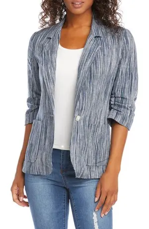 Karen Kane Stripe Ruched Sleeve Linen Jacket - Blue