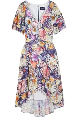 Marchesa Asymmetric Floral Print Broderie Anglaise Cotton Midi Dress - Purple