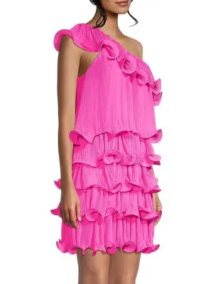 MILLY Blakely One-shoulder Tiered Ruffle Minidress Size