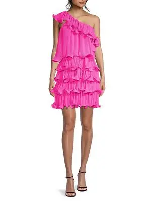 MILLY Blakely One-shoulder Tiered Ruffle Minidress Size