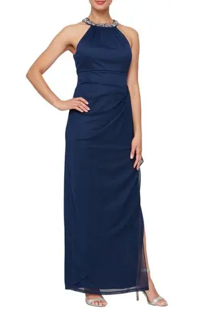 Alex Evenings Embellished Halter Ruched Column Gown - Navy