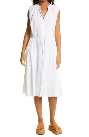 Vince Shirred Linen-Blend Dress Optic White