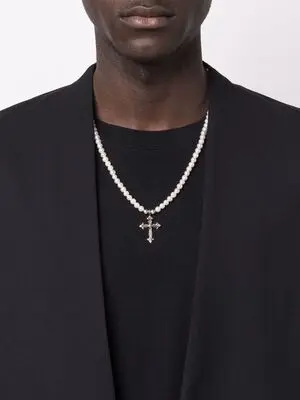 Emanuele Bicocchi Pearl Necklace With Cross Pendant - Silver