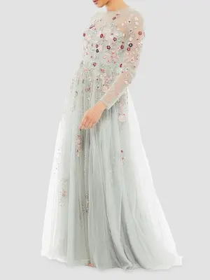 Mac Duggal Long-sleeve Floral Applique Tulle Gown