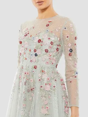 Mac Duggal Long-sleeve Floral Applique Tulle Gown