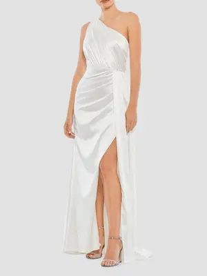 Mac Duggal One-shoulder Draped Satin Gown White