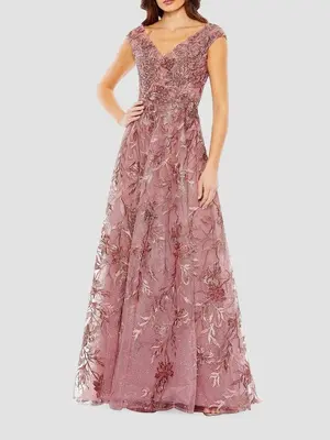 Mac Duggal Embellished Floral Cap-sleeve Gown - Cinnamon