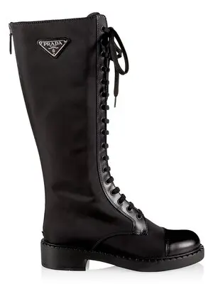 Prada Women's Lace-Up Knee-High Leather Boots - Nero  - Nero