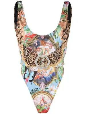 Philipp Plein Graphic-print Belted Swimsuit - Brown