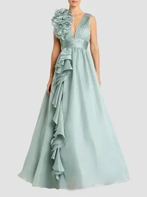 Mac Duggal Ruffle Shoulder V-neck Gown - Mint