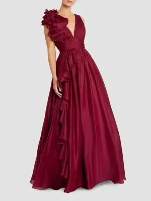 Mac Duggal Ruffle Shoulder V-neck Gown - Wine