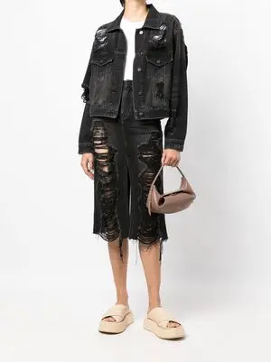 Goen.j Distressed Denim Trucker Jacket - Black