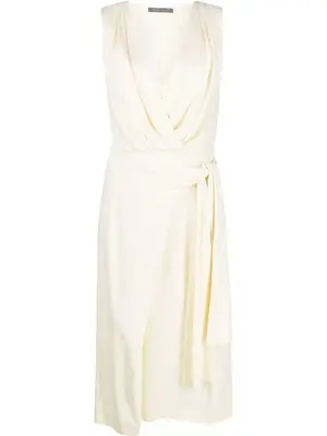 Alberta Ferretti Sleeveless V-neck Draped Midi Dress - Neutrals
