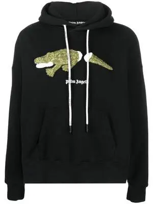 Palm Angels Crocodile Motif Cotton Hoodie - Black
