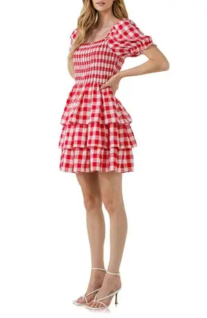 English Factory Gingham Smocked Minidress