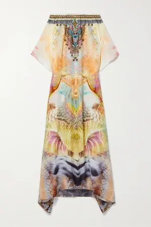 Camilla Off-the-shoulder Embellished Printed Silk Crepe De Chine Kaftan