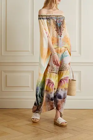 Camilla Off-the-shoulder Embellished Printed Silk Crepe De Chine Kaftan