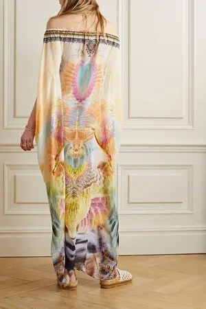 Camilla Off-the-shoulder Embellished Printed Silk Crepe De Chine Kaftan