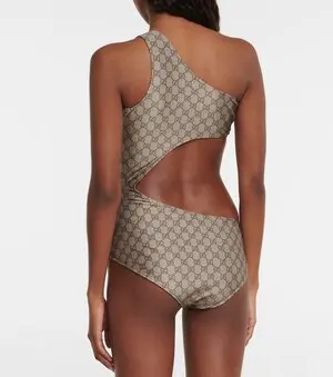 Gucci Gg Cutout One-shoulder Swimsuit - Brown