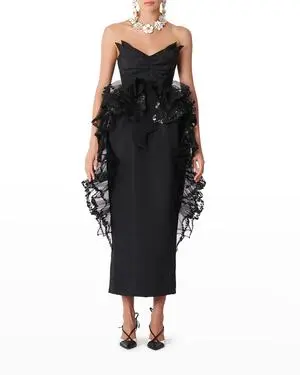 Carolina Herrera Embroidered Strapless Multi-ruffle Column Dress - Black