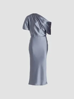 Amsale Draped Satin Pencil Midi-dress Slate