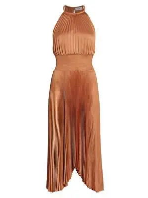 A.L.C. Women's Renzo II Asymmetric Pleated Midi-Dress - Blue Sea  - Burnt Terracotta