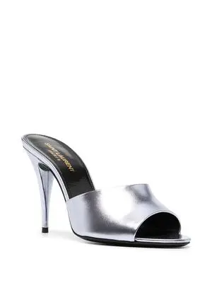Saint Laurent Metallic Silver Leather High Heel Slip-on Sandals