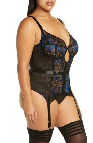 COQUETTE Floral Mesh Underwire Bustier With Garter Straps - Black