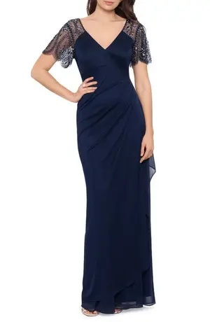 XSCAPE EVENINGS Beaded Sleeve Column Gown - Navy