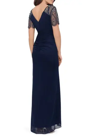 XSCAPE EVENINGS Beaded Sleeve Column Gown - Navy