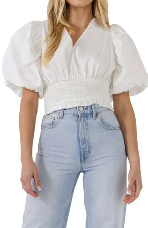 Endless Rose Smocked Waist Cotton Blouse - White