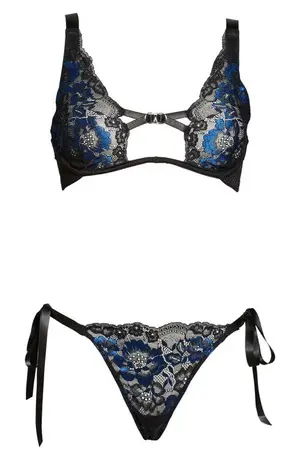 COQUETTE Floral Lace Underwire Bra And Side Tie Panties - Black