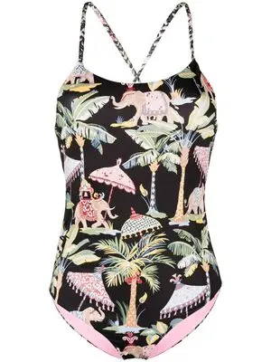 Red Valentino Jungle-print One-piece Swimsuit With Tie Fastening - Black