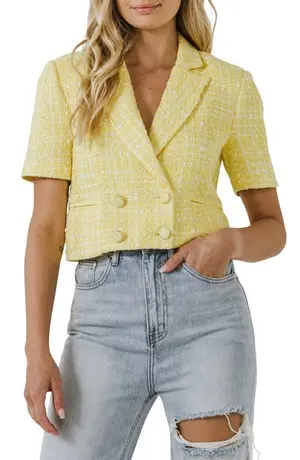 Endless Rose Short Sleeve Crop Tweed Blazer - Yellow