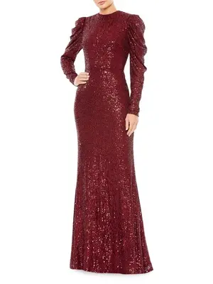 Mac Duggal Sequined Puff-sleeve Sheath Gown