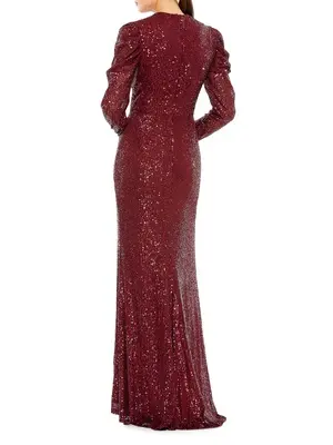 Mac Duggal Sequined Puff-sleeve Sheath Gown
