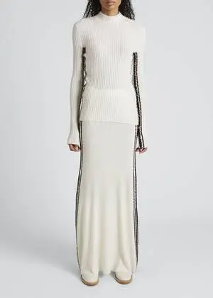 Chloé Crochet Side-Stripe Mock-Neck Rib Sweater - White Powder