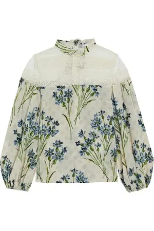 Red Valentino Point D'espritpaneled Floralprint Silk Crepe De Chine Blouse - Cream