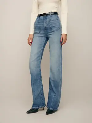 REFORMATION Alyssa Stretch High Rise Wide Leg Long Jeans - Blue
