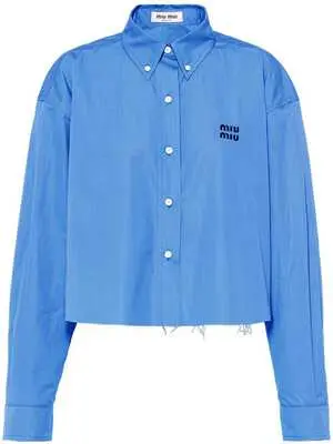 Miu Miu Cropped Cotton Shirt With Embroidered Logo - Blue