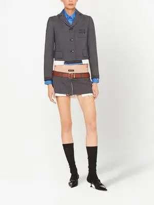 Miu Miu Cropped Cotton Shirt With Embroidered Logo - Blue