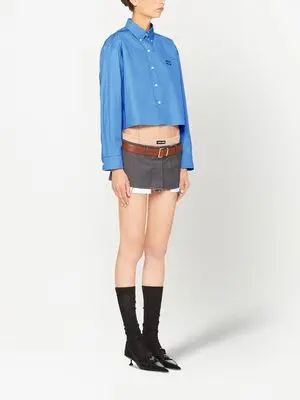 Miu Miu Cropped Cotton Shirt With Embroidered Logo - Blue