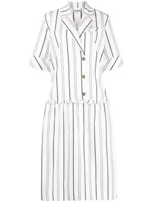 GANNI Striped Ruffle-trim Shirt Dress - White