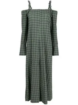 GANNI Seersucker Cold-shoulder Dress - Green