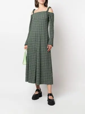 GANNI Seersucker Cold-shoulder Dress